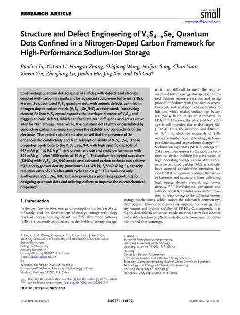 Structure And Defect Engineering Of V3s4−xsex Quantum Dots Confined In A Nitrogen‐doped Carbon