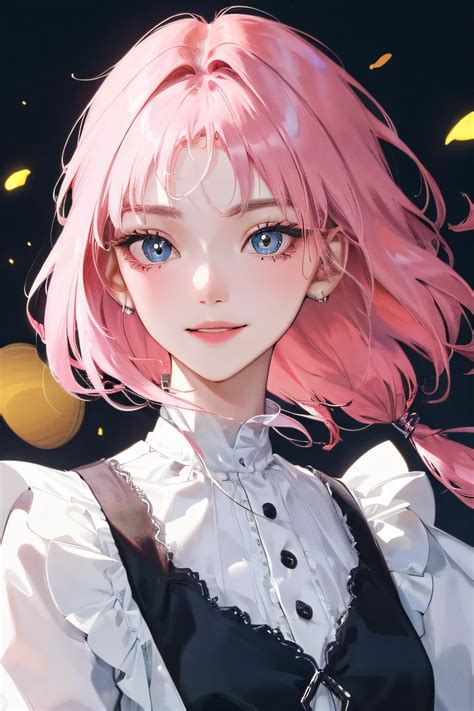 흑백 드레스를 입고 분홍색 머리와 파란 눈을 가진 애니메이션 소녀 Seaart Ai