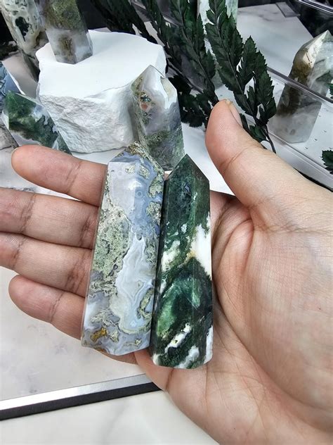 Natural Moss Agate Tower Point Crystal Decoration Spiritual T Etsy