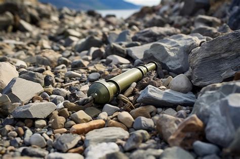 Premium Ai Image A Photo Of An Exploded Mortar Shell Lying On A Rocky Surface