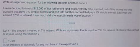 Solved Write An Algebraic Equation For The Following Problem And Then Solve It Leeza Decided