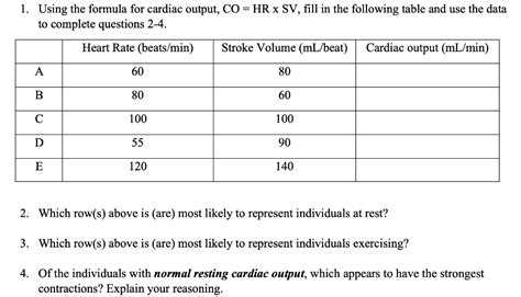 solved 1 using the formula for cardiac output co hr x