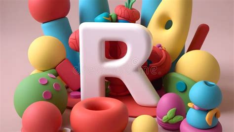 3d render of the letter r with playful colorful objects in a cgi clay