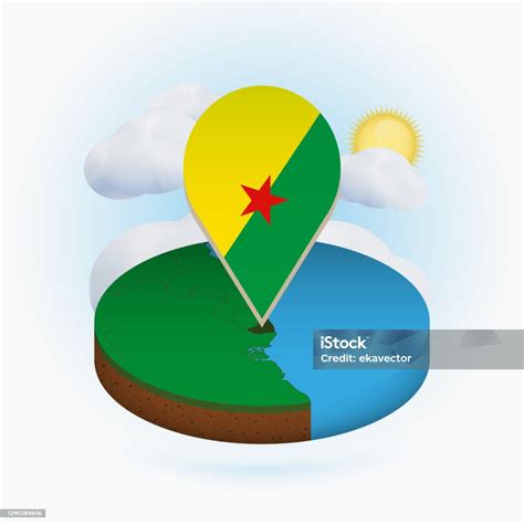 프랑스 령 기아나의 동포 메트릭 라운드지도와 프랑스 령 기아나의 국기포인트 마커 배경에 구름과 태양 0명에 대한 스톡 벡터 아트