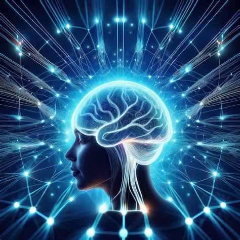 Digital Representation Of A Neural Network With A Glowing Brain At The Center Illustrating Data