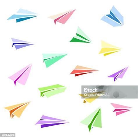 벡터 종이 비행기 여행 노선 기호입니다 손으로 그려 종이 비행기의 다채로운 평면 벡터 일러스트 레이 션의 집합입니다 격리 종이 비행기 아이콘 공예에 대한 스톡 벡터 아트 및
