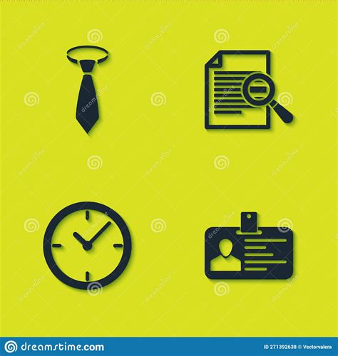 Set Tie Identification Badge Clock And Document With Search Icon
