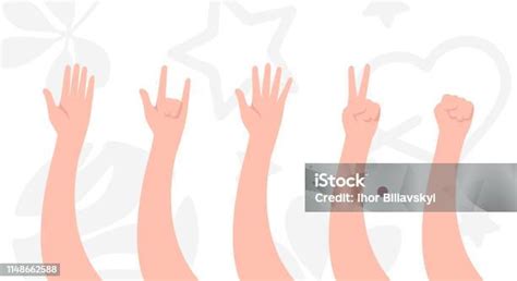 손 세트의 제스처는 흰색 배경에 고립 중지 평화 바위 주먹 하이 파이브 다른 징후와 감정을 표시 합니다 귀여운 심플한 카툰 디자인 평면 스타일 벡터 일러스트입니다 팔 신체