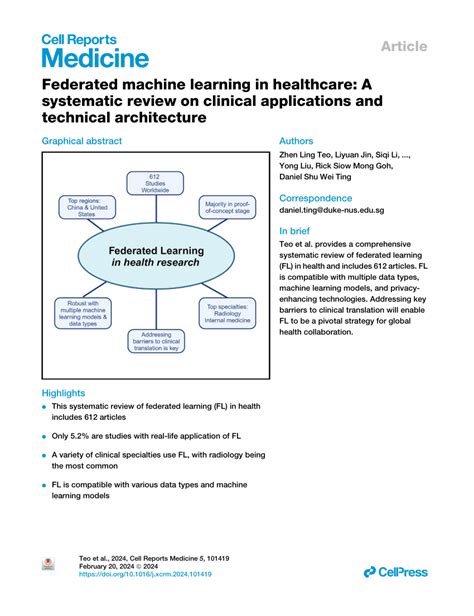 PDF Federated Machine Learning In Healthcare A Systematic Review On Clinical Applications And