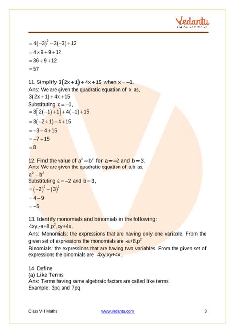 Algebraic Expressions Class 7th Worksheets