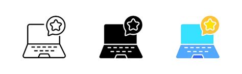 별 세트 아이콘이 있는 노트북 말풍선 댓글 쓰기 반응 리뷰 서비스 소셜 미디어 평가 피드백 사용자 선에 있는 벡터 아이콘 흰색 배경에 검은색과 화려한 스타일 1위에 대한