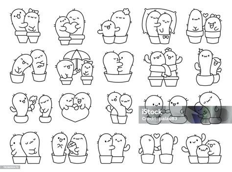 귀여운 선인장 포옹 색칠 공부 페이지 사랑에 빠진 귀여운 만화 선인장 커플 화분에 있는 재미있는 식물 캐릭터 손으로 그린 스타일입니다 벡터 그리기 디자인 요소 모음 가공의