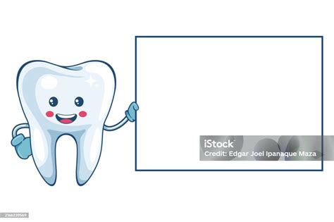 광고를 위한 텍스트를 위한 공간이 있는 배너를 들고 있는 이빨 캐릭터의 만화 치아 및 잇몸 질환의 예방 진단 및 치료 치과 위생 및 구강 관리 충치 예방 가공의 인물에 대한