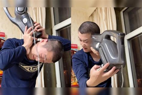 男子在家给自己理发理完后用吸尘器吸走碎发一顿操作让人笑喷 有颜有趣 吸尘器 后用 操作