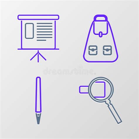 Set Line Magnifying Glass Pen School Backpack And Presentation Financial Board With Graph