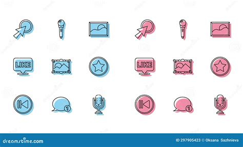 Set Line Rewind Speech Bubble Chat Arrow Cursor Microphone Picture Landscape Star Like