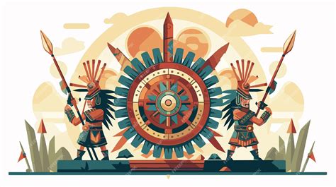 Poderosos Guerreiros Astecas Com Capacetes Armas Escudos E Pirâmides