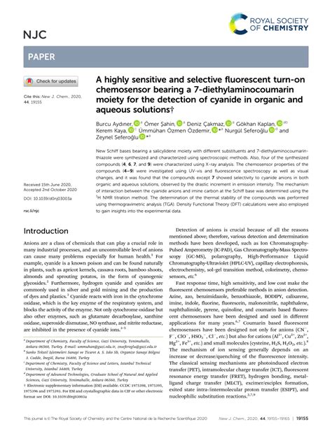 Pdf A Highly Sensitive And Selective Fluorescent Turn On Chemosensor Bearing 7