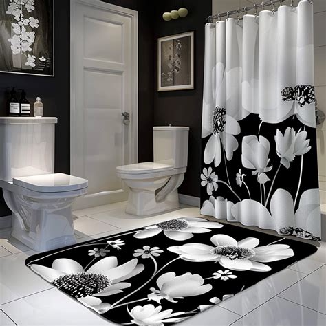 Modern Black And White Floral Bathroom Set Shower Curtain Door Highend