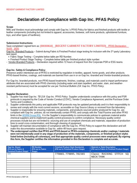 Declaration Gap Inc Pfas Policy 2035 Pdf Textiles Clothing
