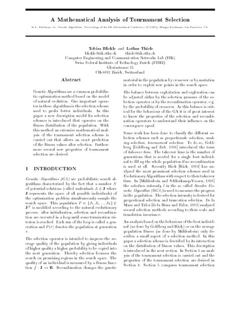 a mathematical analysis of tournament selection tobias blickle lothar