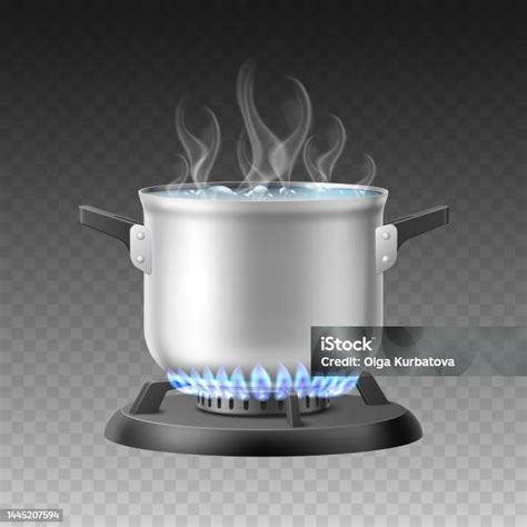 현실적인 요리 끓는 물 가스 버너의 가열된 강철 냄비 투명한 배경에 격리된 3d 실버 조리기구 버블링 뜨거운 온도 액체 연기