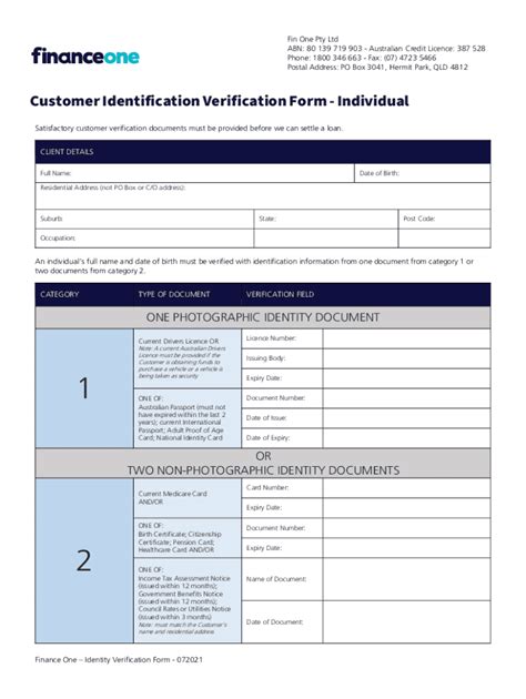 Fillable Online Customer Identification Verification Form Individual