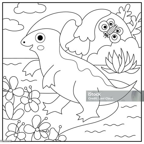 벡터 광장 흑인 백인 장면 와 Parasaurolophus 공룡 선 풍경 그림 벽지 폭포 강 꽃 나무와 함께 귀여운 선사 시대 색칠 공부 페이지 아이들을 위한 재미있는 공룡