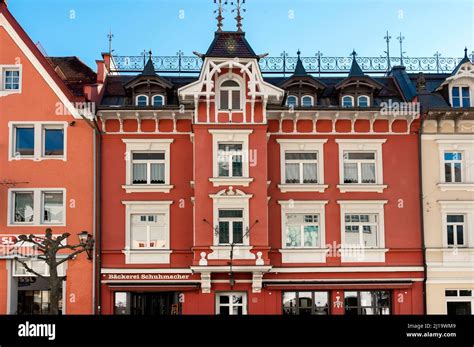 Classicist Red Facade Pedestrian Zone Isny Allgaeu Bavaria Germany