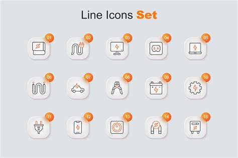 라인 전기 계량기 자석 전원 버튼 휴대폰 플러그 기어 및 번개 자동차 배터리 및 펜치 도구 아이콘을 설정합니다 벡터 갈고리 발톱에 대한 스톡 벡터 아트 및 기타 이미지