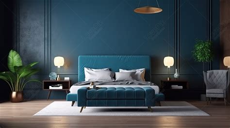 진한 파란색 소파와 침대를 갖춘 침실 인테리어 디자인의 놀라운 3d 렌더링 나무 책상 배경 3d 침대 배경 블루 인테리어 배경 이미지 Hd 나무 책상 3d 침대