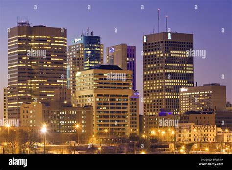 Skyline Of Downtown Winnipeg Manitoba Canada At Night Looking Stock