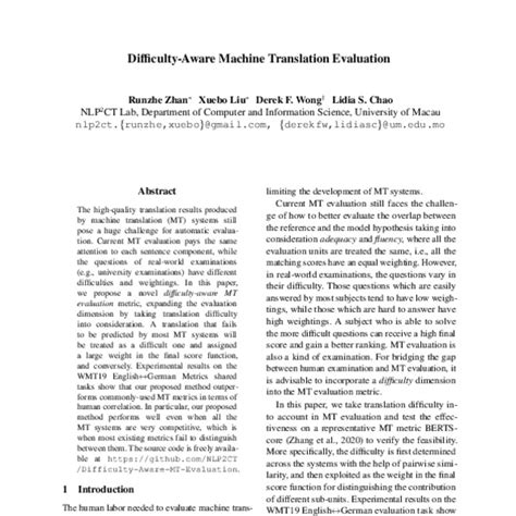Difficulty Aware Machine Translation Evaluation Acl Anthology