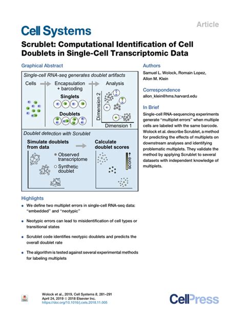Scrublet Computational Identification Of Cell Doublets In Single Cell Transcriptomic Data Pdf