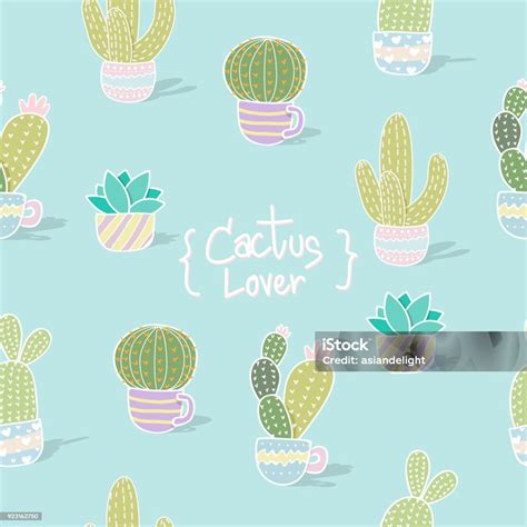 벡터 일러스트 레이 션 선인장 원활한 패턴 배경입니다 다채로운 파스텔 컬러 톤 배경에 대 한 다른 귀여운 만화 선인장의 완벽 한 패턴 0명에 대한 스톡 벡터 아트 및 기타