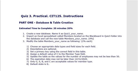 Part One Database And Table Creation Estimated Time