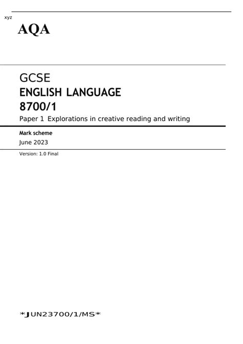Aqa Gcse English Language Paper 1 June 2023 Mark Scheme Explorations In Creative Reading And