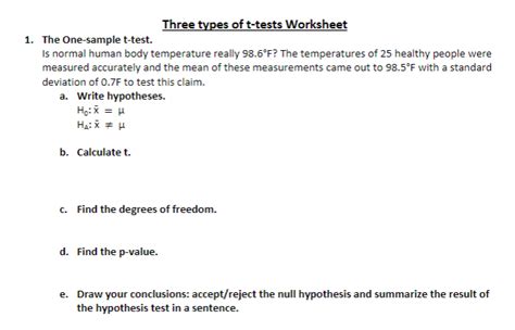 Solved Three Types Of T Tests Worksheet The One Sample Chegg Com