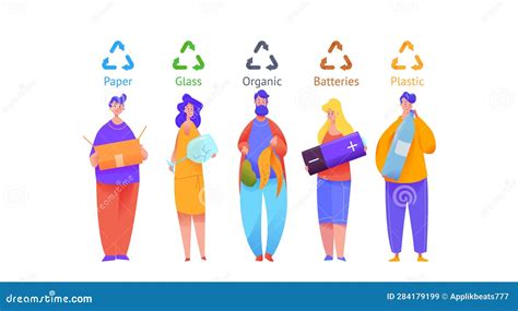 Group Of People Sort Trash In Multi Colored Bins Stock Vector