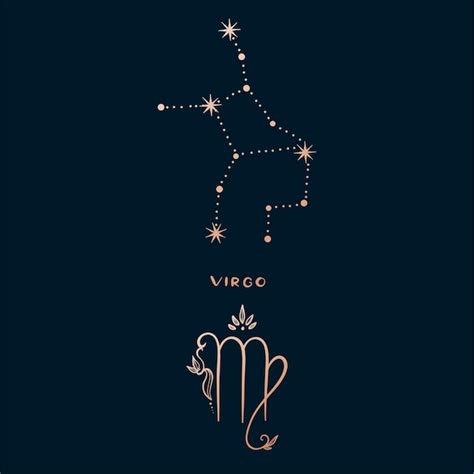 별자리 조디악 기호 처녀자리 선과 어두운 배경에 별이 있는 별자리 스타일의 별자리 별 별자리 집합의 조디악 기호 모음 프리미엄 벡터