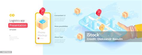 배달 모바일 응용 프로그램 템플릿입니다 손은 스마트폰을 들고 있다 배송 관리 글로벌 네비게이션 시스템 지도의 위치 정보 태그 아이소메트릭 벡터 일러스트레이션 아이소메트리