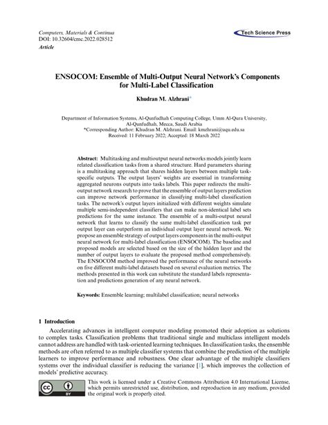 Pdf Ensocom Ensemble Of Multi Output Neural Networks Components For Multi Label Classification