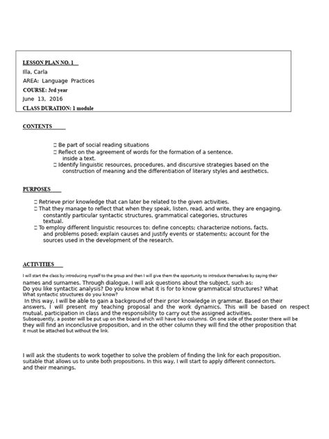 Lesson Plan Pdf Semantics Syntax