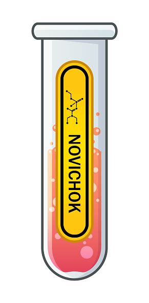 분홍색 액체를 곁들인 화학 실험실 유리 플라스크 노비촉이 표시된 옐로우 라벨 신경 작용제 및 이진 화학 무기 독 또는 산 만화 일러스트레이션 개체 그룹에 대한 스톡 벡터