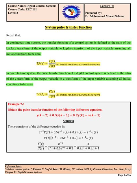 7 Lecture 7 Pulse Transfer Function And Zoh Transfer Function 2nd Term 2021 2022 Pdf