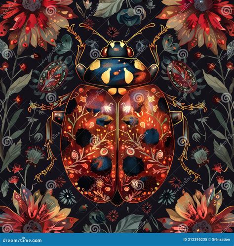 An Elegant Ladybug Illustration With Rich Dark Colors Floral And Ornate Patterns Stock