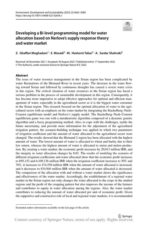 Developing A Bi Level Programming Model For Water Allocation Based On Nerloves Supply Response