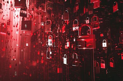Dark Background With Code And Multiple White And Red Padlocks