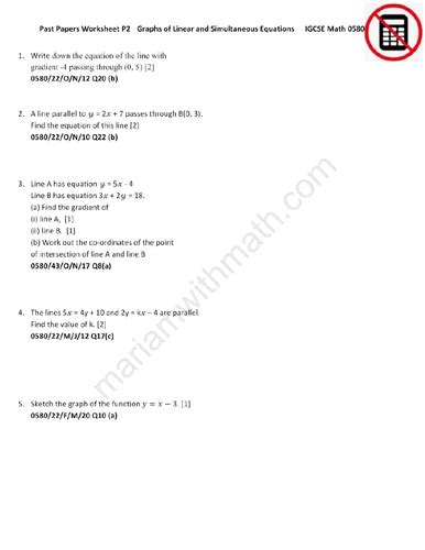 Straight Line Graphs Igcse Mathematics 0580 Past Papers Worksheet Teaching Resources