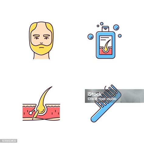 탈모 Rgb 색상 아이콘 세트 남자 대머리 치료 남성 탈모증 빗에 머리카락 가닥 손상된 여포 의료 샴푸 피부과 미용 격리된 벡터